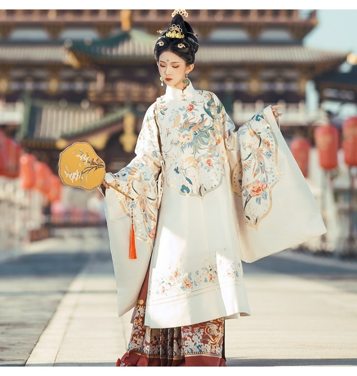 무용복 연주드레스 Jiumei 한푸 드레스 한 벌 여성용 스탠드 칼라 드래곤 피닉스 자수 롱 골드 모조 메 티몬